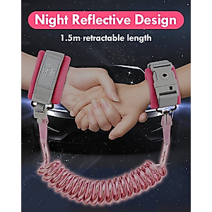 Lehoo Castle Anti Lost Wrist Link for Toddlers, 4.9ft Toddler Harness with Key Lock, Reflective Toddler Wrist Leash, Child Leash Harness, Leash for Kids (Pink)