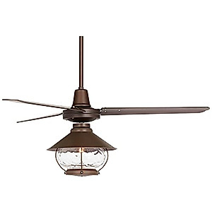 Casa Vieja 52" Plaza DC Modern Industrial 3 Blade Indoor Outdoor Ceiling Fan with LED Light Remote Control Oil Rubbed Bronze Clear Hammered Glass Lantern Damp Rated Patio Exterior House