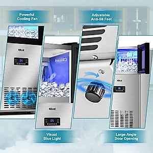 Upgraded Commercial Ice Maker Machine 130LBS/24H with 35LBS Storage Bin,15Inch Wide Ready in 11-20 Mins Under Counter/Freestanding Stainless Steel Gravity Drainage Large Ice Machine