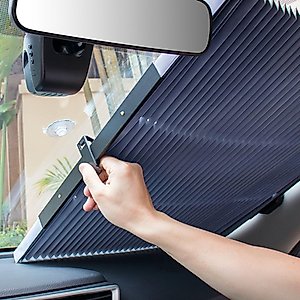 Naitmsad Retractable Windshield Sunshade, Black, Fabric, Roll Up, Extra Large (46cm/18.1in), Car Compatible