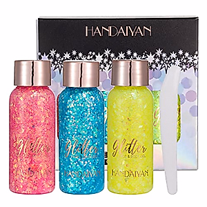 3 Color Body Glitter Gel Set, Mermaid Sequins Skin Long Lasting Sparkling Liquid Eyeshadow Lip Nail Hair Painting Glitter Laser Powder Decorate Art Festival Party Makeup 32ml*3 (Set B)