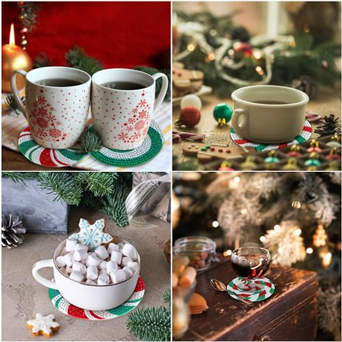 DIYDEC 8pcs Christmas Diamond Candy Paintings Coasters Kits with Holder Diamond Art Coasters Acrylic Diamond Art Paintings Ornament for Adults Kids Xmas Decor DIY Crafts (Red Green White)