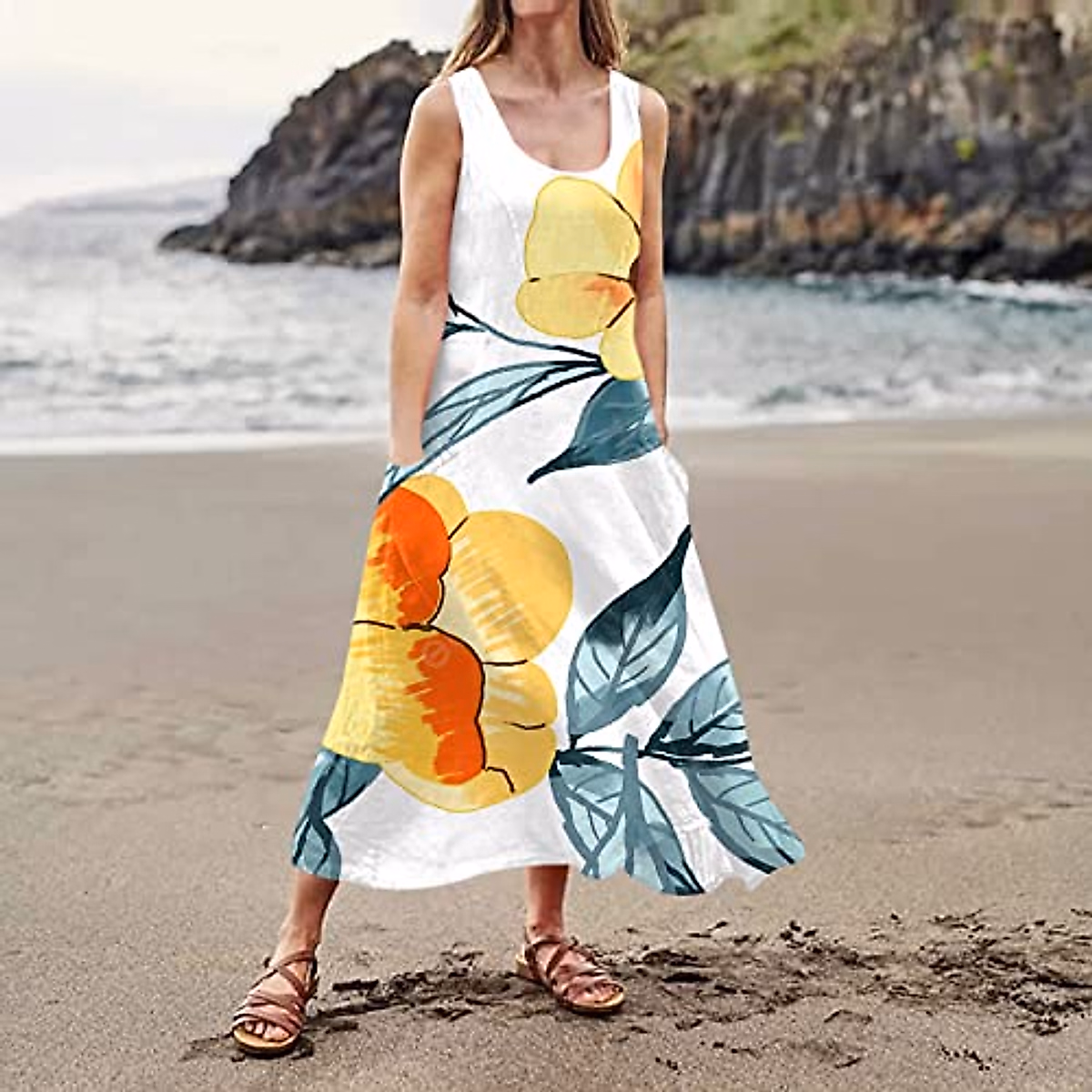 Sundresses for Women with Pockets Sleeveless O-Neck Dresses Floral Print Fashion Club Mixi Sundress Yellow Medium