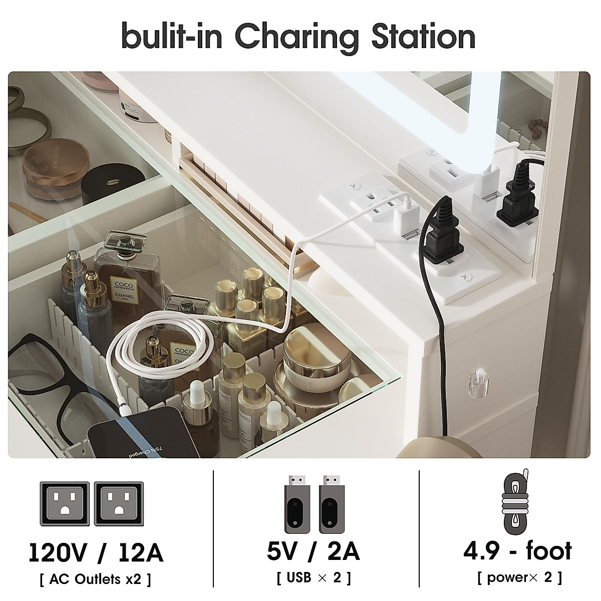 Vabches White Vanity Desk with Led Mirror&Charging Station,Glass Tabletop Vanity Table Set with Stool,Small Makeup Vanity with Drawers for Bedroom