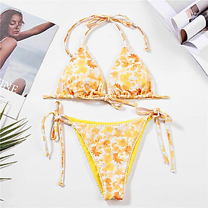 Women's Two Piece Bikini Swimsuit Set Floral Padded Top Tie Side Triangle Thong Bathing Suit Yellow