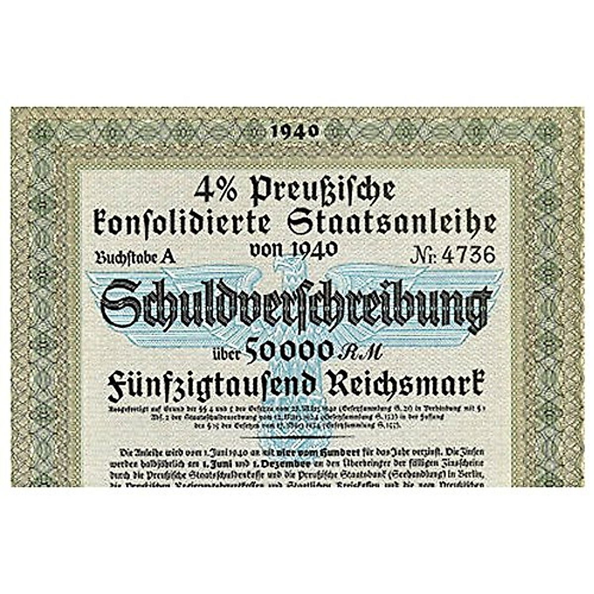 1940 DE RARE ORIGINAL 50,000 MARK NAZI WAR BOND w BLUE EAGLE, 2 SWASTIKAS 50,0000 Marks Crisp Uncirculated