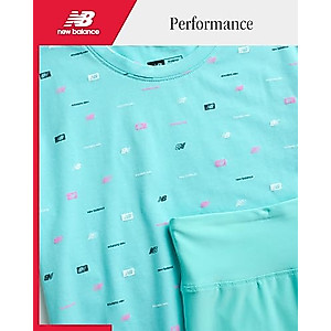 New Balance Girls' Legging Set - 4 Piece Short Sleeve T-Shirt and Leggings Set (7-16), Size 10-12, Surf/White/Grey