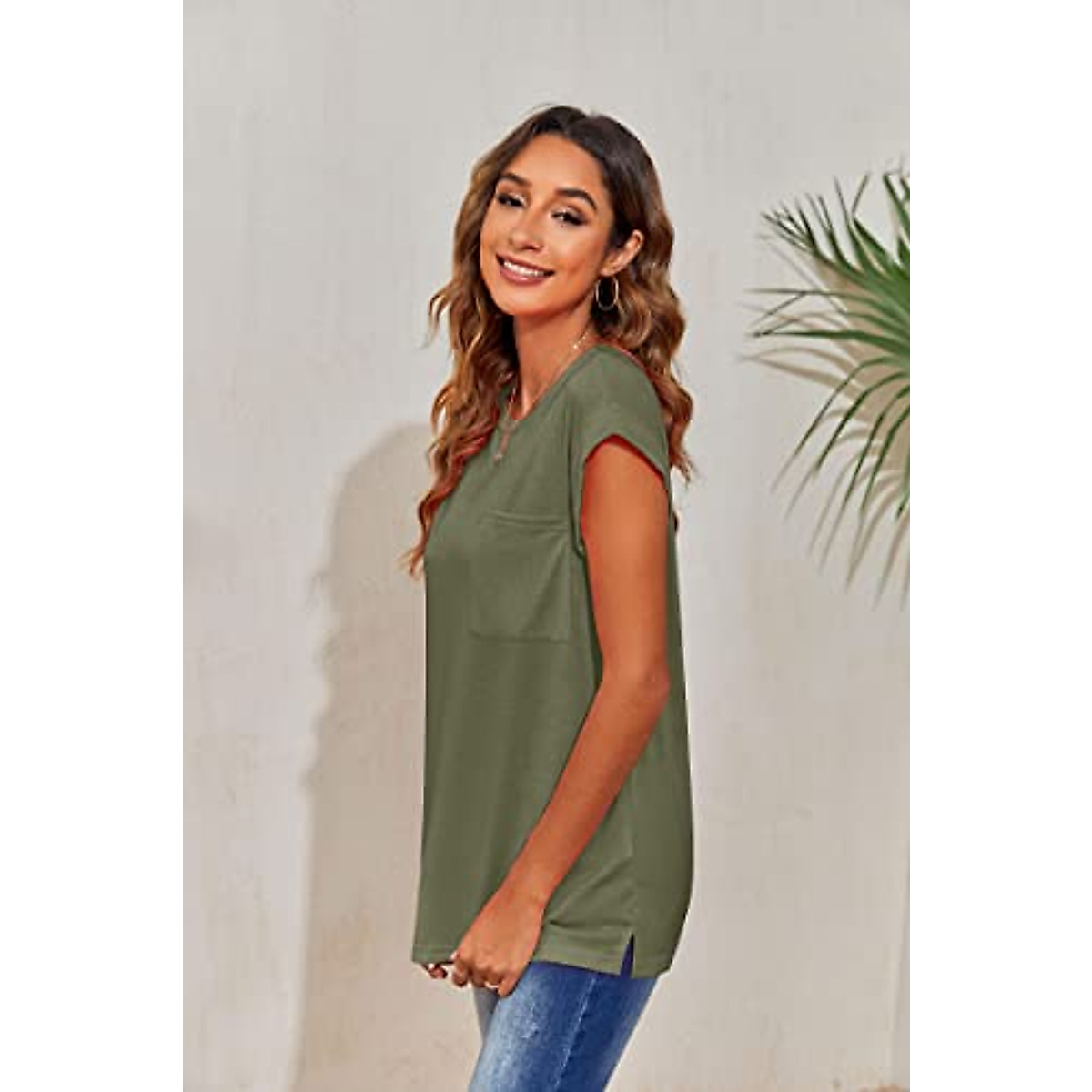 Women's Summer Casual Tops Cuffed Short Sleeve Oversized T Shirts Loose Fit Blouses