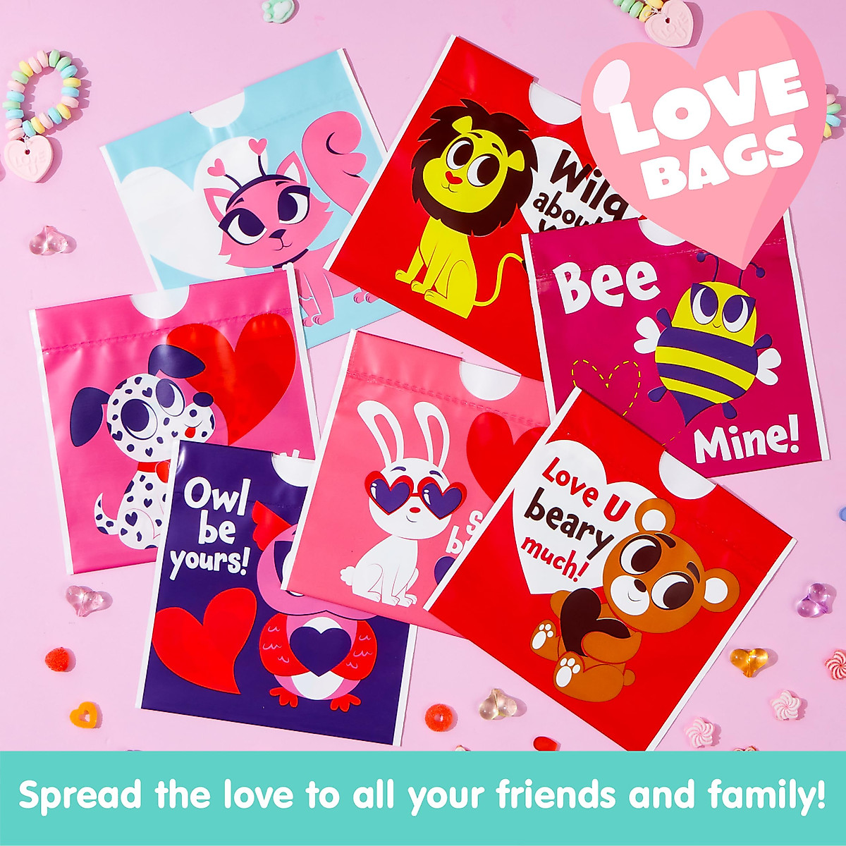 JOYIN 70 Pcs Valentine Gift Bags Drawstring Candy Bags Valentine Mini Plastic Goodie Bags for Kids Valentines Day Party Favor Supply