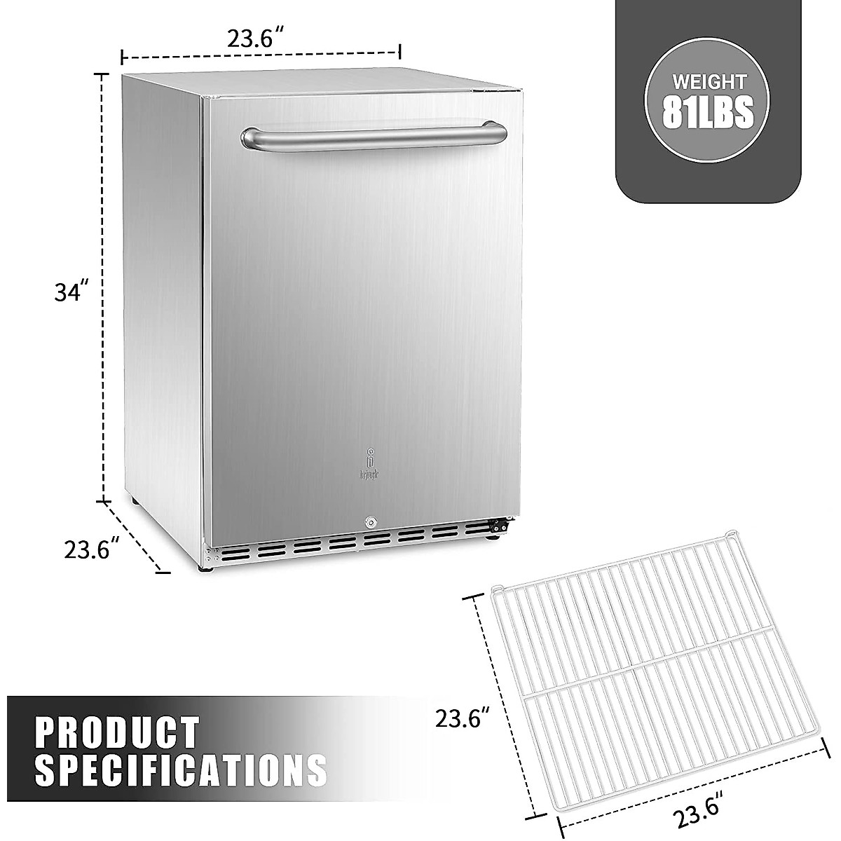 ICEJUNGLE Refrigerator, Single Door, Silver Outdoor Refrigerator 24'' Built-in/Freestanding Compressor Beverage Fridge Refrigerator for Home and Commercial Use