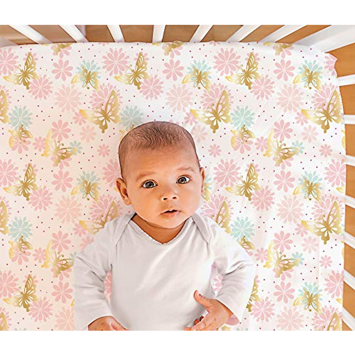 The Peanutshell Crib Sheet Set for Baby Girls | Pink and Gold Butterfly & Pink Ditsy Floral | 2 Pack Set
