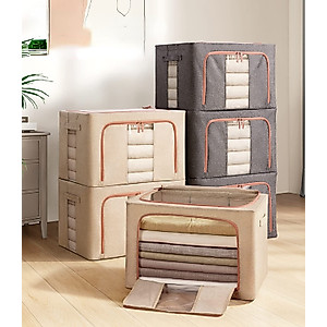 3 Pack Clothes Storage Bags - 66L Foldable Stainless steel Frame Storage Box - Stackable Linen Fabric Container Organizer Set with Carrying Handles and Clear Window With sturdy zipper ( 19.7x15.7x13inch）