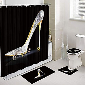 JAWO Girly Decor Shower Curtain and Bath Mat Set 69x70 Inch, Fashion Lady High Heel Shoe with Diamonds Bathroom Curtain with Hooks, Bathroom Mat Set with Contour Rug, Mat and Toilet Lid Cover
