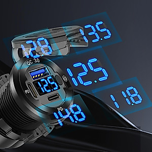 12V USB Car Socket Round USB C 12V Outlet, 3-Port Marine USB Fast Charger Waterproof Cigarette Outlet USB Replacement Aluminum with Switch & Voltmeter, Suitable for Boat Golf Cart RV Motorcycle Truck