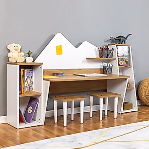 LAWA FURNITURE Kid's Study Desk with Bookshelf + 2 Stools for Ages 3-8, Wooden Children Activity Table with Hutch and Shelves, Kids Bedroom Study Desk with Storage