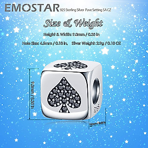Dice Spades Symbol with CZ of Poker Charms, fit Pandora Mothers Day Bracelet, 925 Sterling Silver Four Suits in Cards Black Heart Beads, Gifts for Spring/Christmas/Valentines
