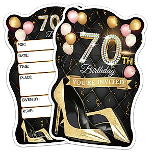 ERHACHAIJIA 20 PCS Pink Balloons & Black Golden High Heels Shaped Fill-In Invitations Cards With Envelopes, Funny 70th Birthday Party Happy 70 Year Old Birthday Invites For Women Lady Wife Mom Adults