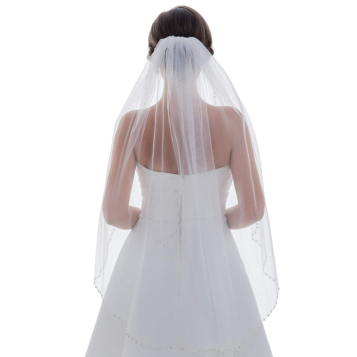 1T Rhinestone Pearl Sequin Beaded Wedding Veil (Fingertip Length 36", Light Ivory)