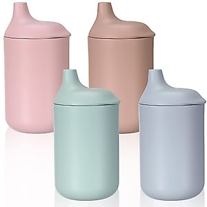 Zhehao 4 Pcs Sippy Cup with Straw and Lid Spill Proof Silicone Sippy Cup 6 oz Straw Cup for Baby 6 months+ Training Cups, Gray, Brown, Blue, Pink