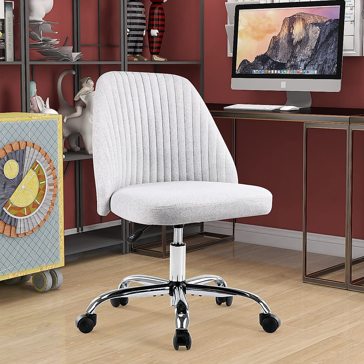 Home Office Chair, Mid-Back Armless Twill Fabric Adjustable Swivel Task Chair for Small Space, Living Room, Make-up, Studying