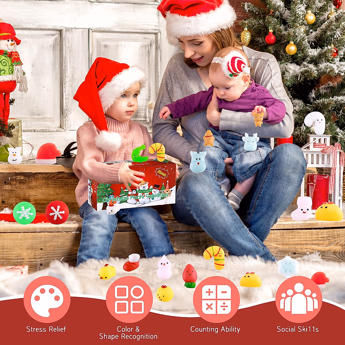 YEAH homemate 35PCS Christmas Mochi Squishy Toys, Christmas Stocking Stuffers for Kids, Squishies Party Favors Gifts Stress Reliever Toys, Treasure Box Toys for Prizes Goodie Bag Stuffers