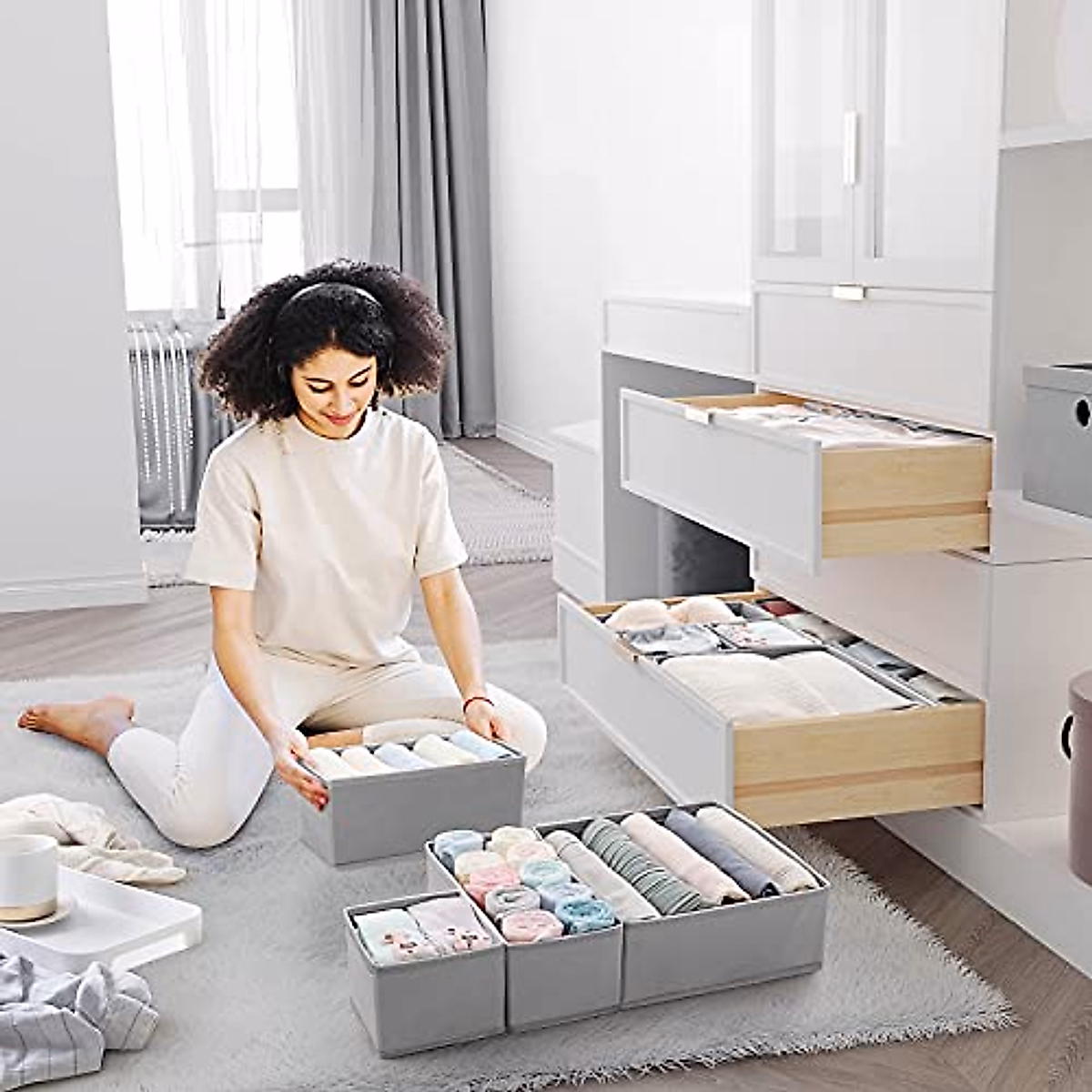 MONINXS Clothes Drawer Organizers Grey & 6-Shelf Hanging Closet Organizer Black