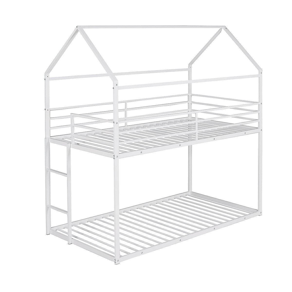 LostCat Twin Over Twin Metal Bunk Bed, House Low Bunk Bed Frame w/Safety Guardrail & Ladder, No Box Spring Needed, SEasy to Install, for Kids, Teens, Girls, Boys, White