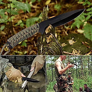 EMHTiii Camping Fixed-Blade Survival Knife - 9in Full Tang Outdoor Knives, 5in Blade with Serrated Edge and Rope Handle, Black