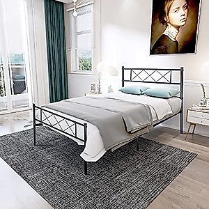 SYING88 LT Double Size Single Metal Bed Frame - Black Low Profile for Adults and Children with Headboard and Large Storage Space for Boys Girls