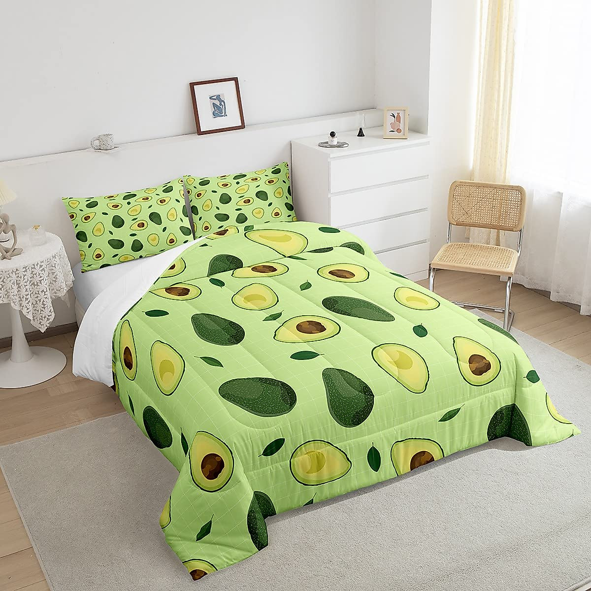 Manfei Fruits Theme Comforter Set Twin Size, Green Avocado Bedding Set 2pcs for Kids Boys Girls Room Decor, Plaid Grid Print Quilt Set with 1 Pillowcase