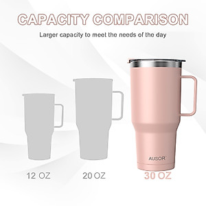 AUSOR 30 oz Tumbler with Lid and Straw,Water Bottle with Handle,Insulated Stainless Steel Tumbler for Hot & Cold, Coffee Travel Mug Cups Reusable Pink
