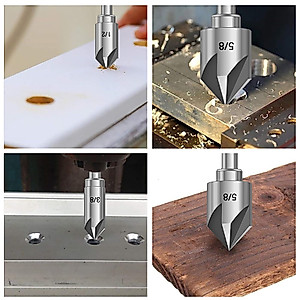 Countersink Drill Bit Set, 5 Pieces 1/4” 3/8” 1/2” 5/8” 3/4” High Speed Steel 1/4” (6mm) Round Shank, 82 Degrees Counter Angle, 5 Flute Mill Cutter Bit Countersink Set, Silver