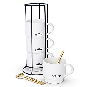 Lareina Porcelain Stackable Coffee Mug Set With Rack and Spoons, 15 Ounce Cappuccino Cup Set of 4 for Specialty Coffee Drinks and Tea - White