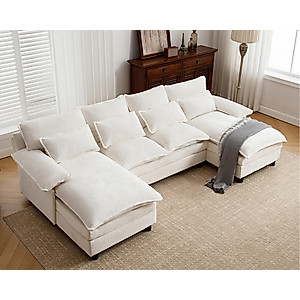 Siiejia U Shape Cloud Couch, 4 Seats Comfy Sectional Sofa Couches for Living Room, Modular Chenille Sofas with Double Reversible Chaise for Spacious Space, Cream