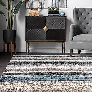 nuLOOM Drey Striped Shag Area Rug - 2x6 Runner Shag Rug Casual Blue Multi/Brown Rugs for Living Room Bedroom Dining Room Nursery Entryway Hallway
