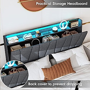 LED Queen Size Bed Frame with Storage Headboard and Charging Station,Upholstered Platform Bed with 3 Storage Drawers,Queen Bed Frame with LED Lights,No Box Spring,Noise-Free,Charcoal Gray