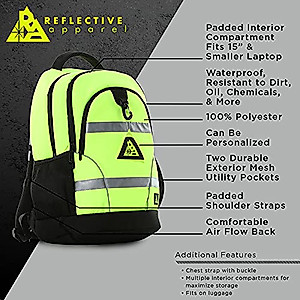Reflective Apparel High Visibility Waterproof Safety Backpack - 3M Reflective Tape, 100% Polyester Oxford - Lime, 14" x 7" x 18"