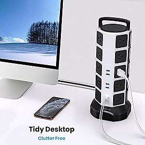 Power Strip Tower Surge Protector 1050J, JACKYLED 20 AC Outlets 6 USB Ports, 3000W 13A Desktop Electrical Charging Station, 6.5ft Heavy Duty Extension Cord, for Home, Office, Garage, White Black