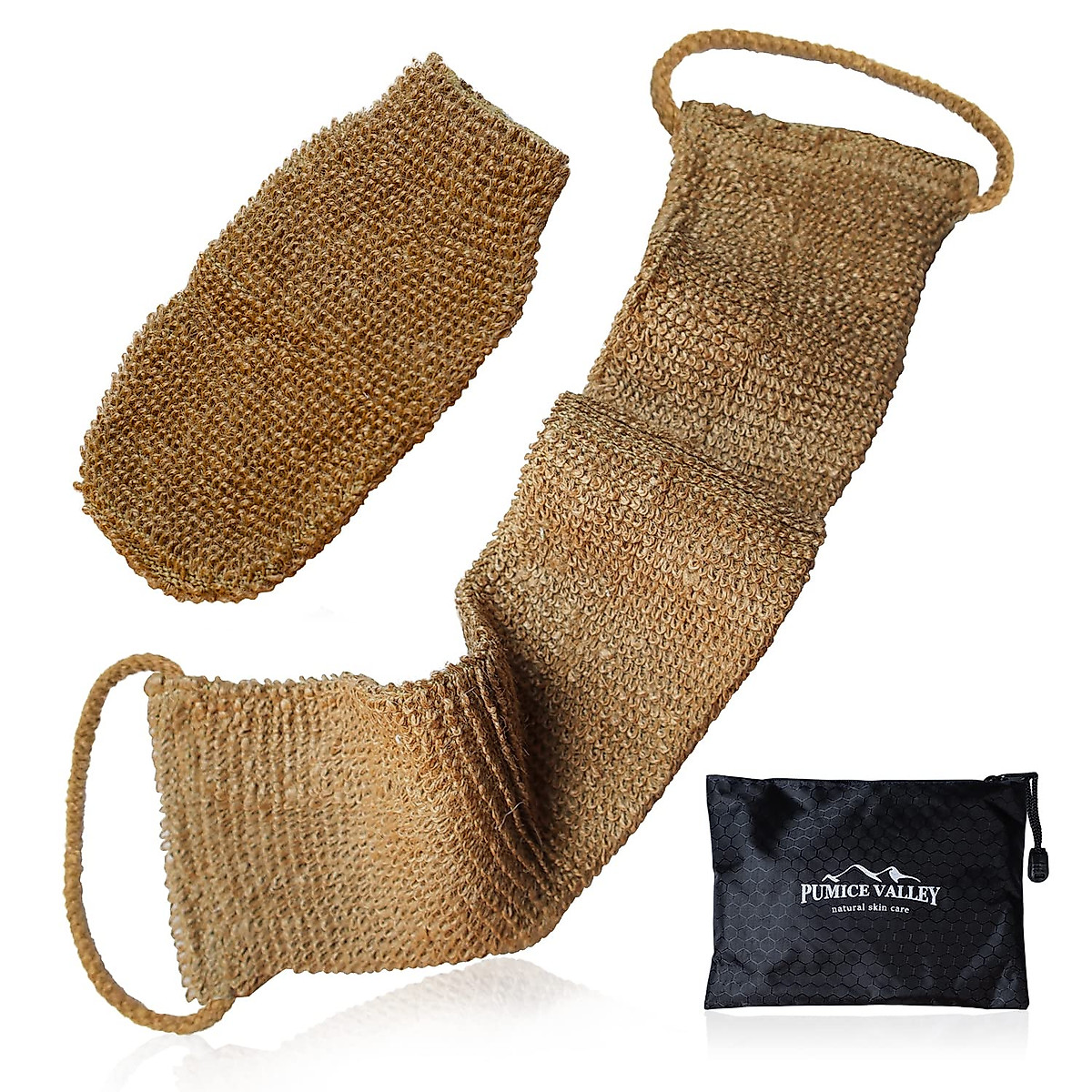 Natural Back Scrubber for Shower for Men and Women - Set of Hemp Back Washer & Exfoliating Glove for Body- Long Back Sleeve with Scrub Mitten for Deep Cleaning & Skin Relax