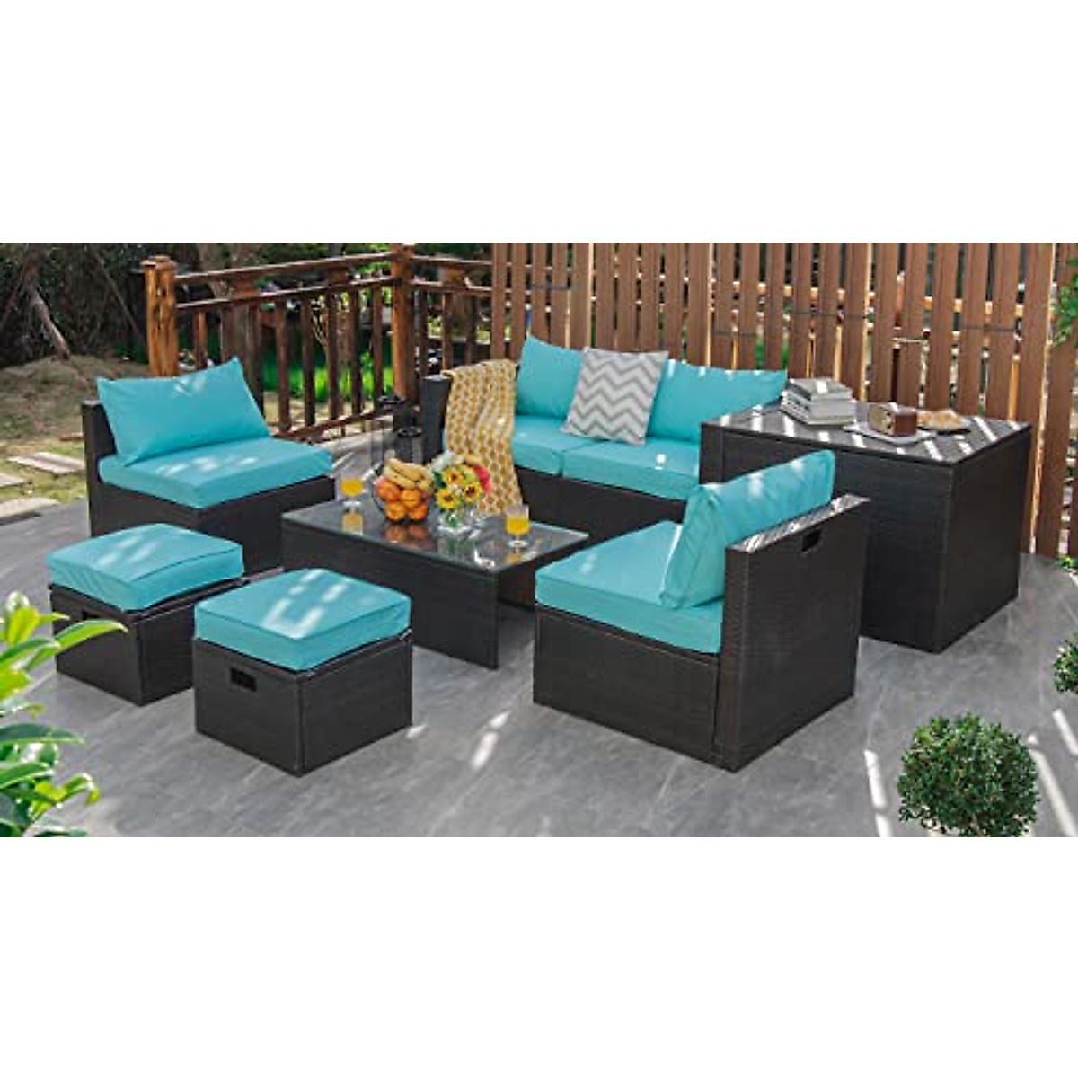 Tangkula 8 Piece Patio Furniture Set, Patiojoy Outdoor Space Saving PE Rattan Sectional Sofa Set for 6 with Waterpfoor Cover, for Garden, Deck, Poolside and Balcony (Turquoise)