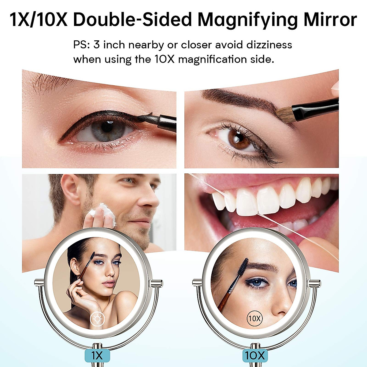 Gospire 8'' Lighted Makeup Mirror with Double Sided 1X/10X Magnification, [54 LED Lights & 3 Color Lighting & Adjustable Brightness] Touch Control Cosmetic Mirror [Rechargeable] Vanity Mirror