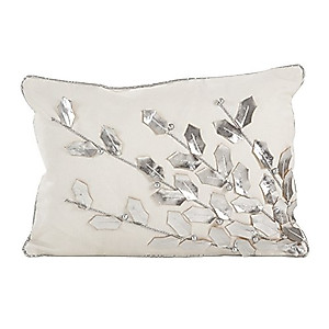 SARO LIFESTYLE Metallic Poinsettia Branch Design Holiday Cotton Poly Filled Throw Pillow, 12" x 18", Silver