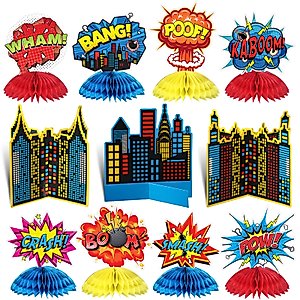 Funrous 11 Pieces Hero Party Decoration Hero Honeycomb Centerpieces 3D Hero Table Topper Paper Large Word Centerpieces Fun Hero Action Sign Standing Cards for Birthday Party Baby Shower Decor Supplies