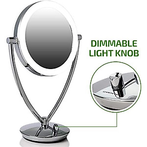Ovente 8" Lighted Tabletop Makeup Mirror with 1X/10X Magnification, Double-Sided Magnifying Vanity Mirror, Dimmable LED Lights, 360° Swivel Design and Dual Power Supply, Polished Chrome MLT75CH1X10X