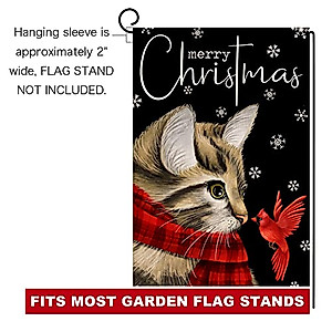 Christmas Cat Garden Flag 12x18 Vertical Double Sided Merry Christmas Cardinal Bird Farmhouse Winter Holiday Outside Decorations Black Burlap Yard Flag BW213