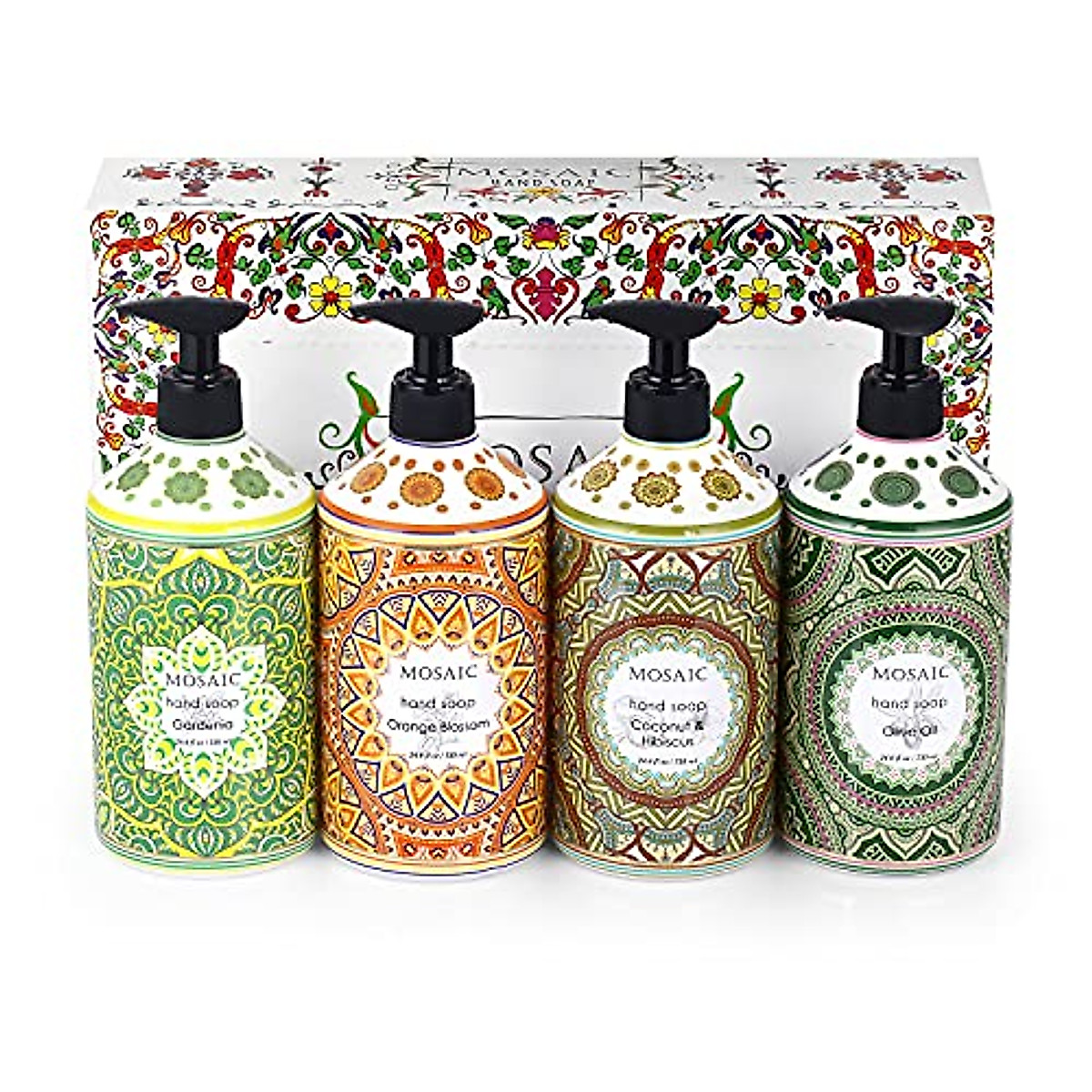 Mosaic Liquid Hand Soap / Wash Gift Set, Ideal Bathroom Kitchen Hand Soap Set , Olive Oil + Coconut & Hibiscus + Gardenia + Orange Blossom, 4 x 24.6 fl oz Each Liquid Soap Bottle