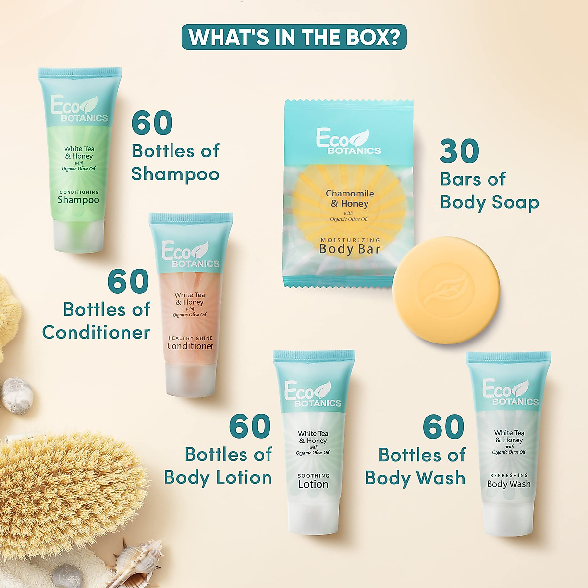 Eco Botanics Hotel Soaps & Toiletries Bulk Set | 0.85oz Hotel Shampoo & Conditioner, Body Wash, Body Lotion & Bar Soap Travel Size | 300 Pieces