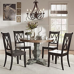 Inspire Q Eleanor Round Solid Wood Top Double X Back 5-Piece Dining Set by Classic Oak and Sage Green Table with Chairs Antique