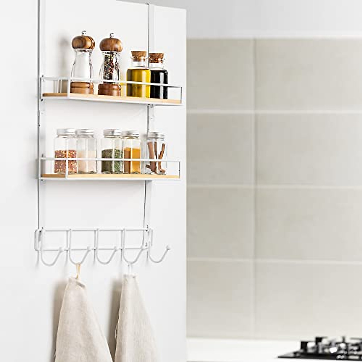 Navaris Over The Door Organizer - Metal and Bamboo Hanging Storage Rack with 2 Shelves and 5 Hooks - Shelf Hanger for Pantry, Bathroom, Closet - White
