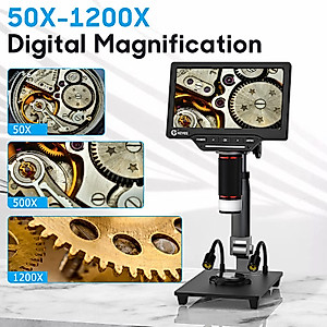 KZYEE 7 inch Digital Microscope Shows Entire Coin, Extension Tube, IPS Screen, 1080P Coin Magnifier with 8 LED Lights, 1200x Soldering Microscope Portable for Adult Kids, IR Remote, Specimens